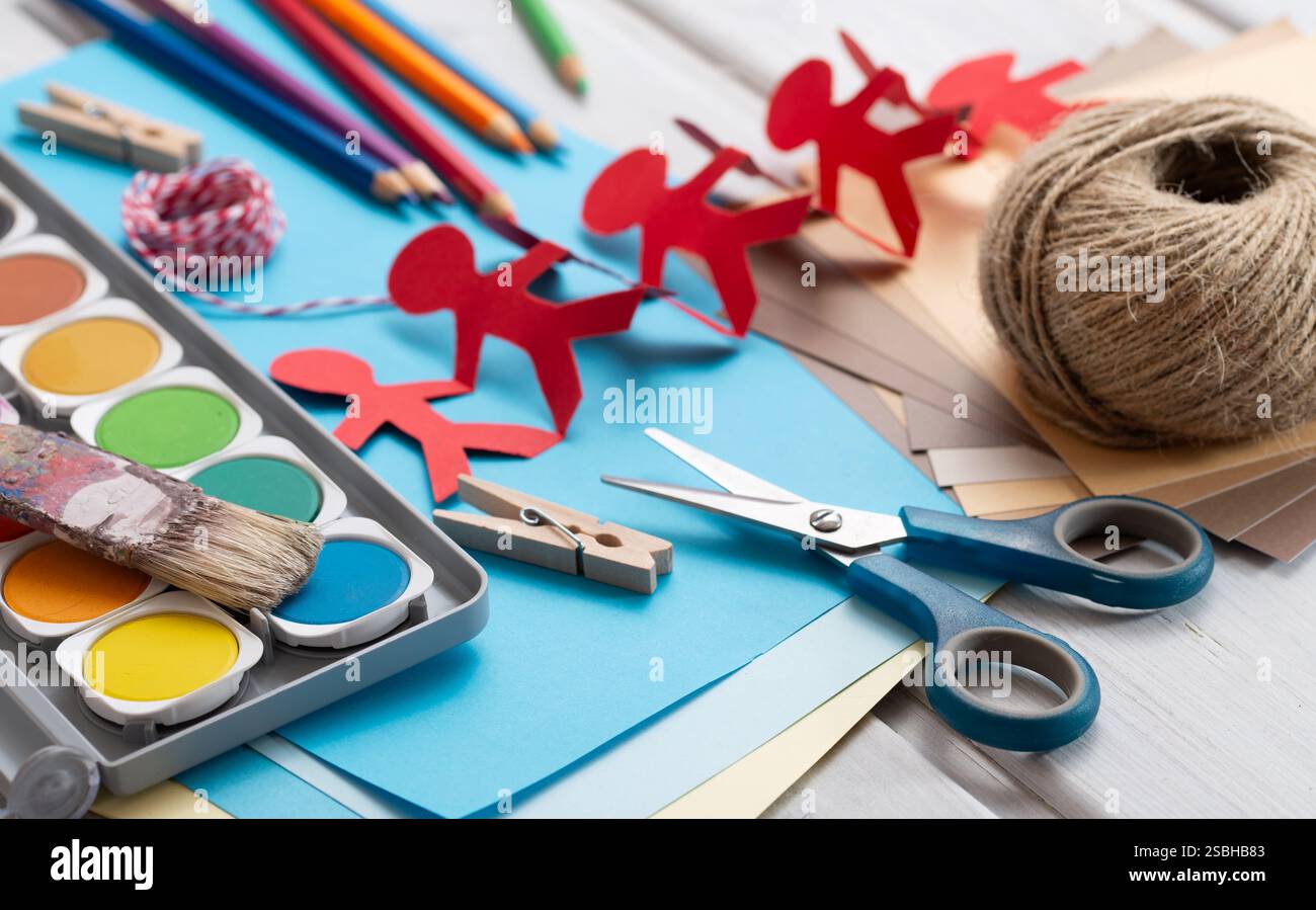 Craft materials - Designing with a paint box, pens, paper and cord ...