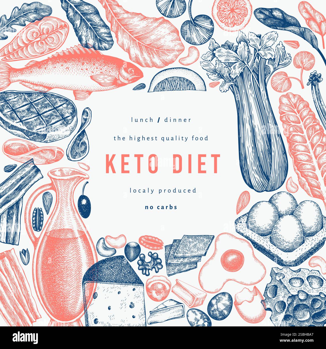 Keto Diet Design Template. Vector Hand Drawn Healthy Food Banner ...