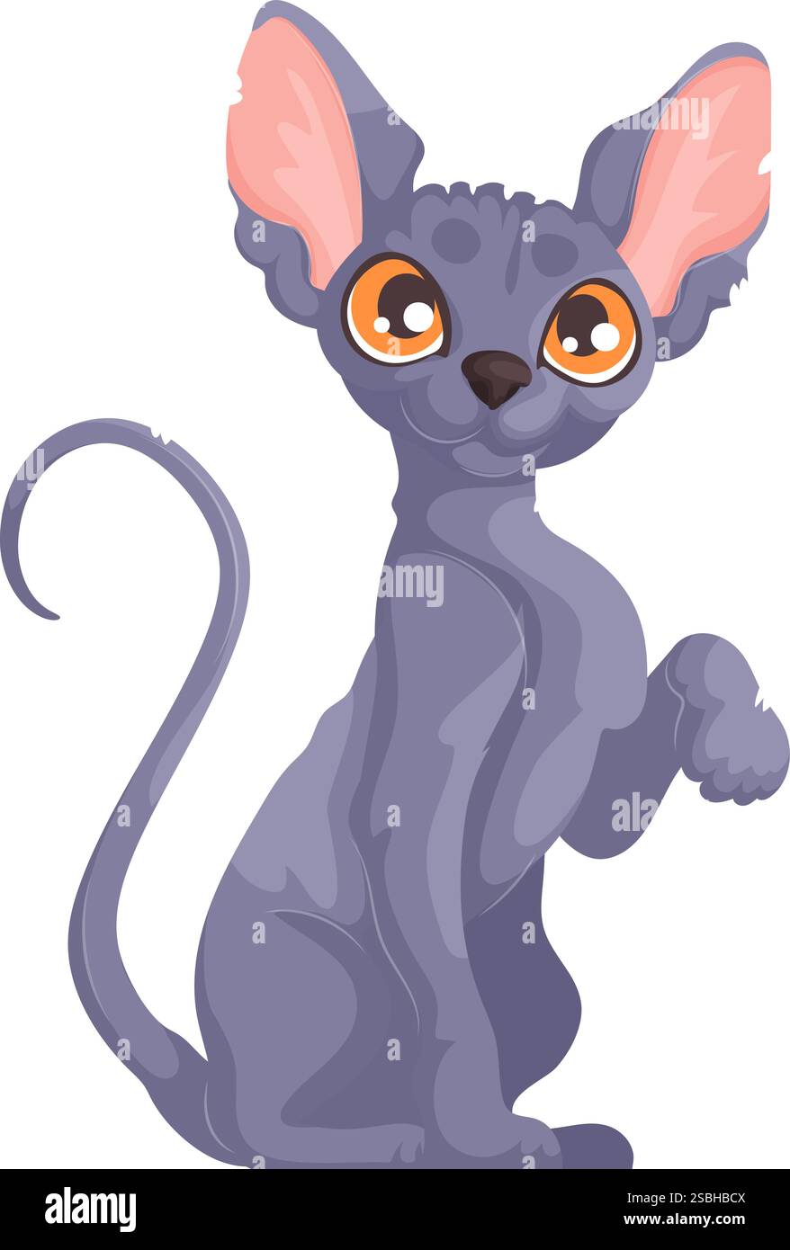 Cute cartoon illustration of a gray hairless Sphynx cat sitting with ...