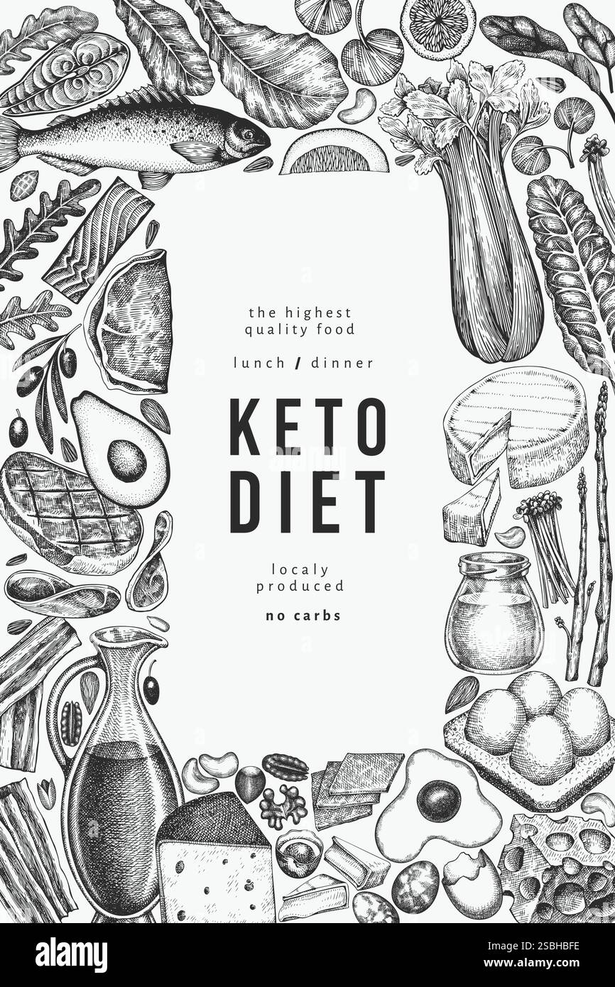 Keto Diet Design Template. Vector Hand Drawn Healthy Food Banner ...