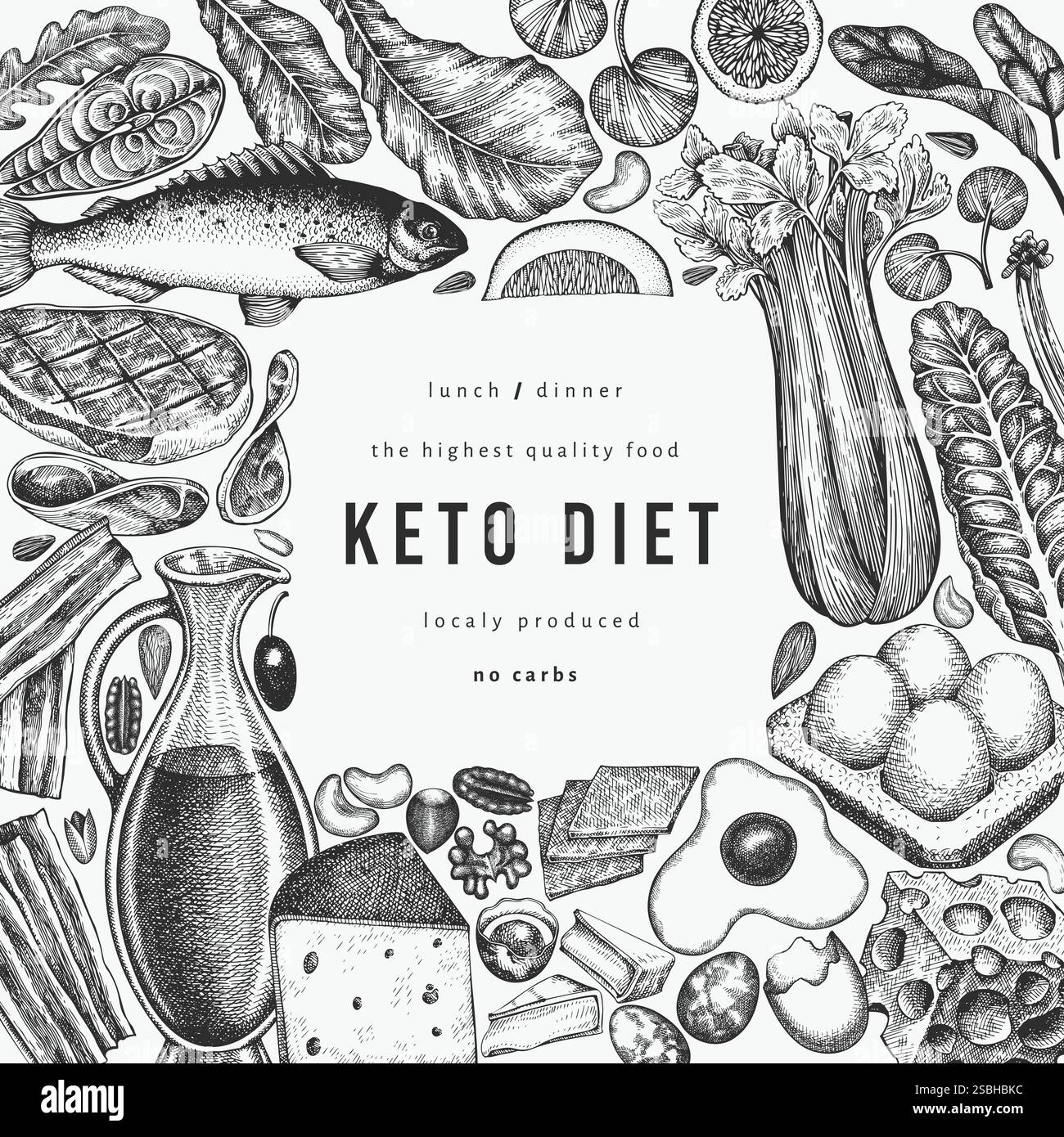 Keto Diet Design Template. Vector Hand Drawn Healthy Food Banner ...