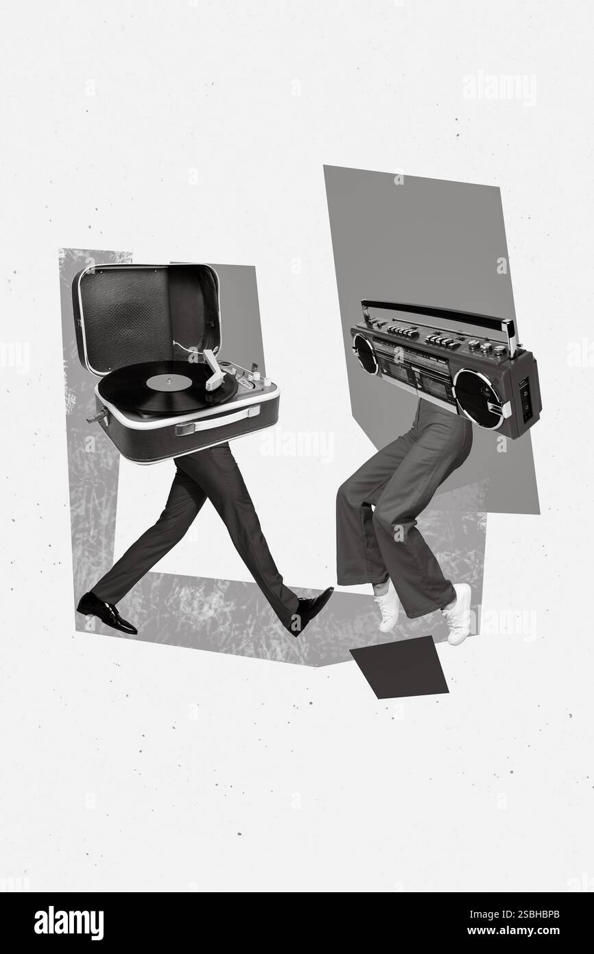 Vertical creative photo collage of funny bodyless legs vinyl record ...