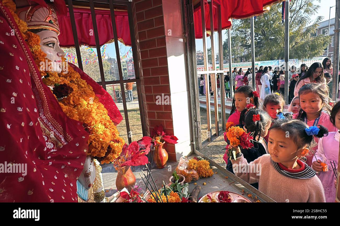 February 3, 2025: Kids offer prayers to Goddess Saraswati in celebration of Shree Panchami or ...