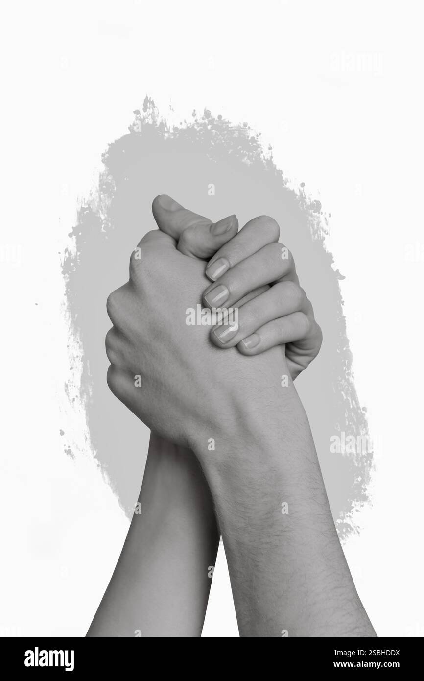 Vertical collage picture of two arms hold handshake blue yellow ...