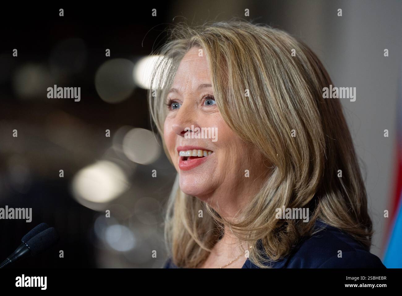 Ontario NDP Leader Marit Stiles answers questions during a campaign ...