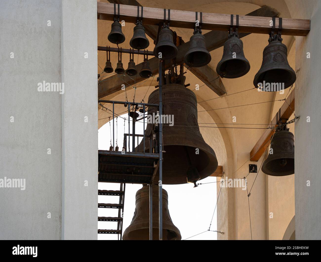 Church bells hang in a row, the bells are ringing. Church bell, several ...