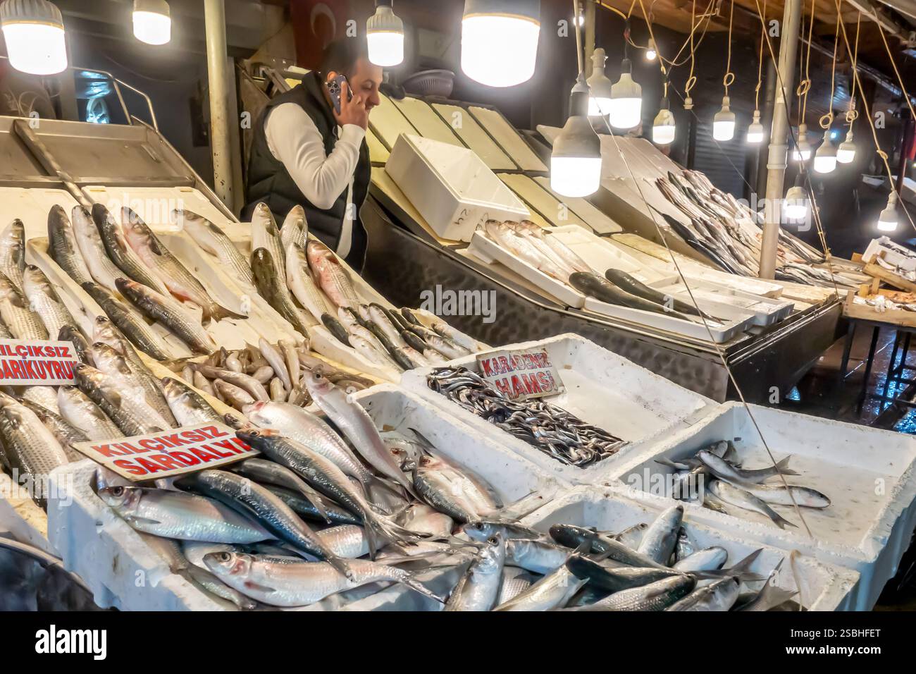 fish stand, fishes, seafood assortment on stall in Mersin Turkey Stock ...