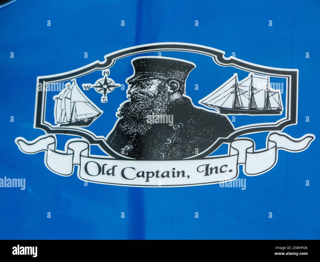 Bearded Captain Emblem with Vintage Ships on Vibrant Blue Background ...
