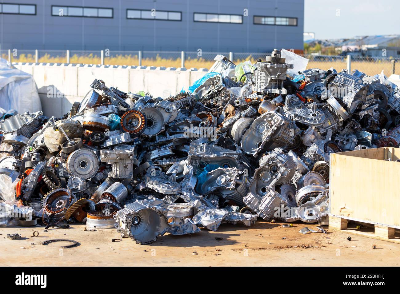 Large scrap metal pile of automotive components at a recycling facility ...