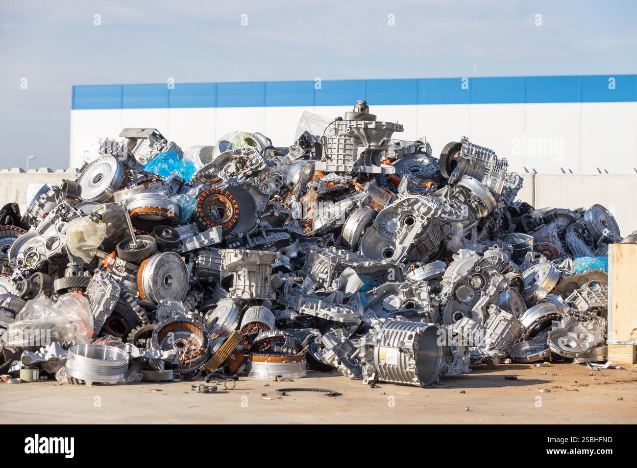 Large scrap metal pile of automotive components at a recycling facility ...
