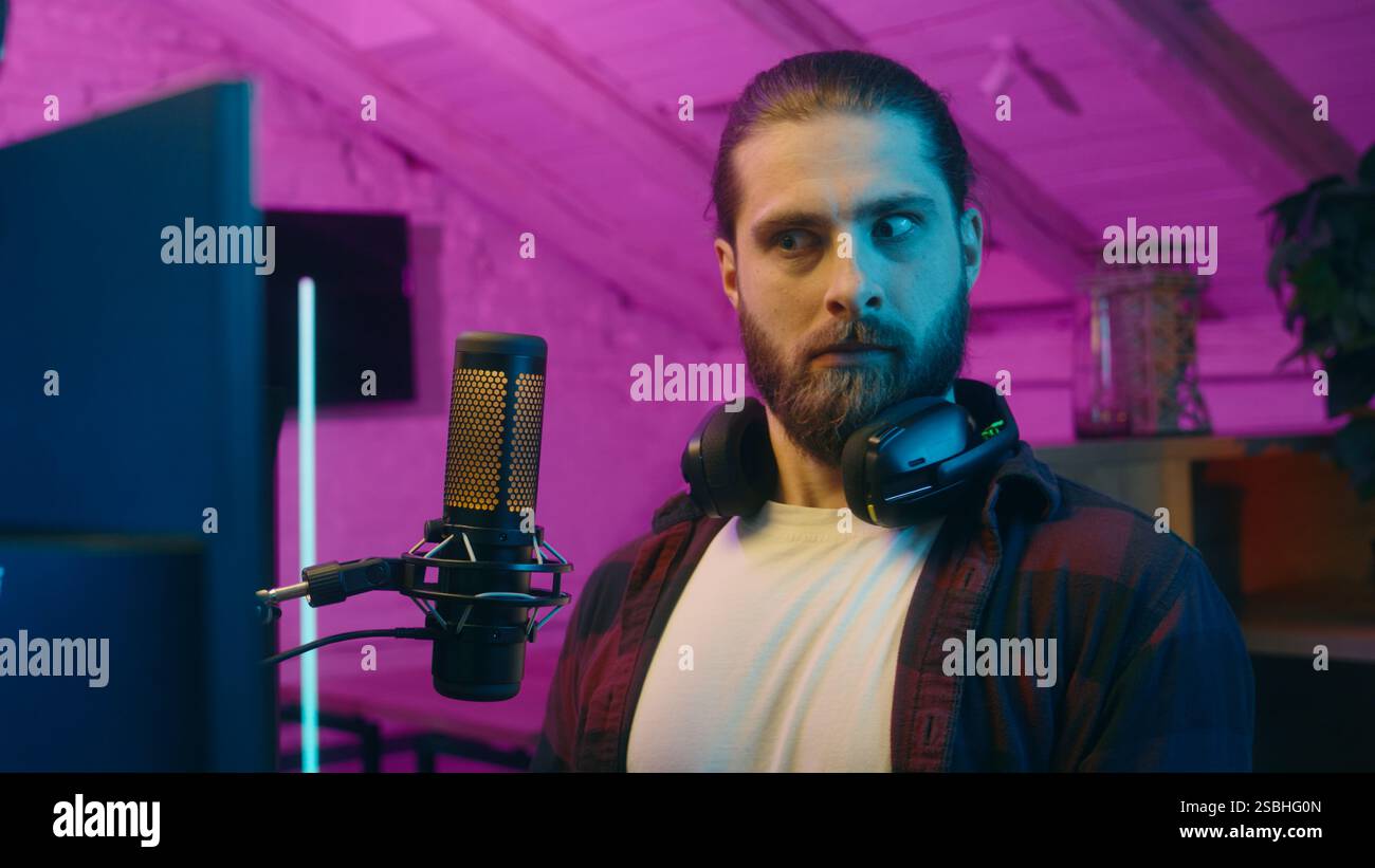 Surprised thoughtful Caucasian streamer addict man guy male influencer ...