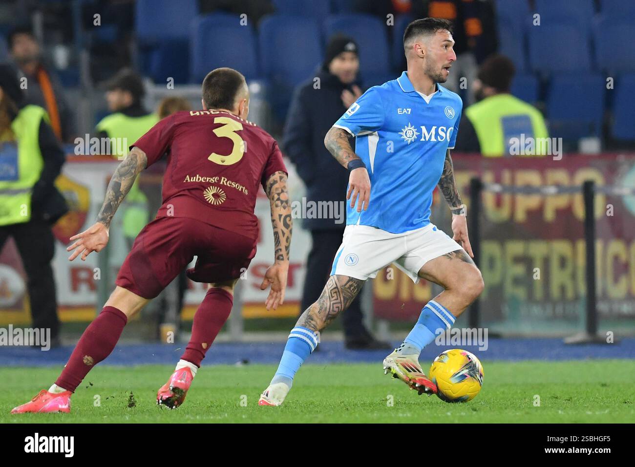 Rome, Lazio. 02nd Feb, 2025. Angelino of AS Roma, Matteo Politano of ...