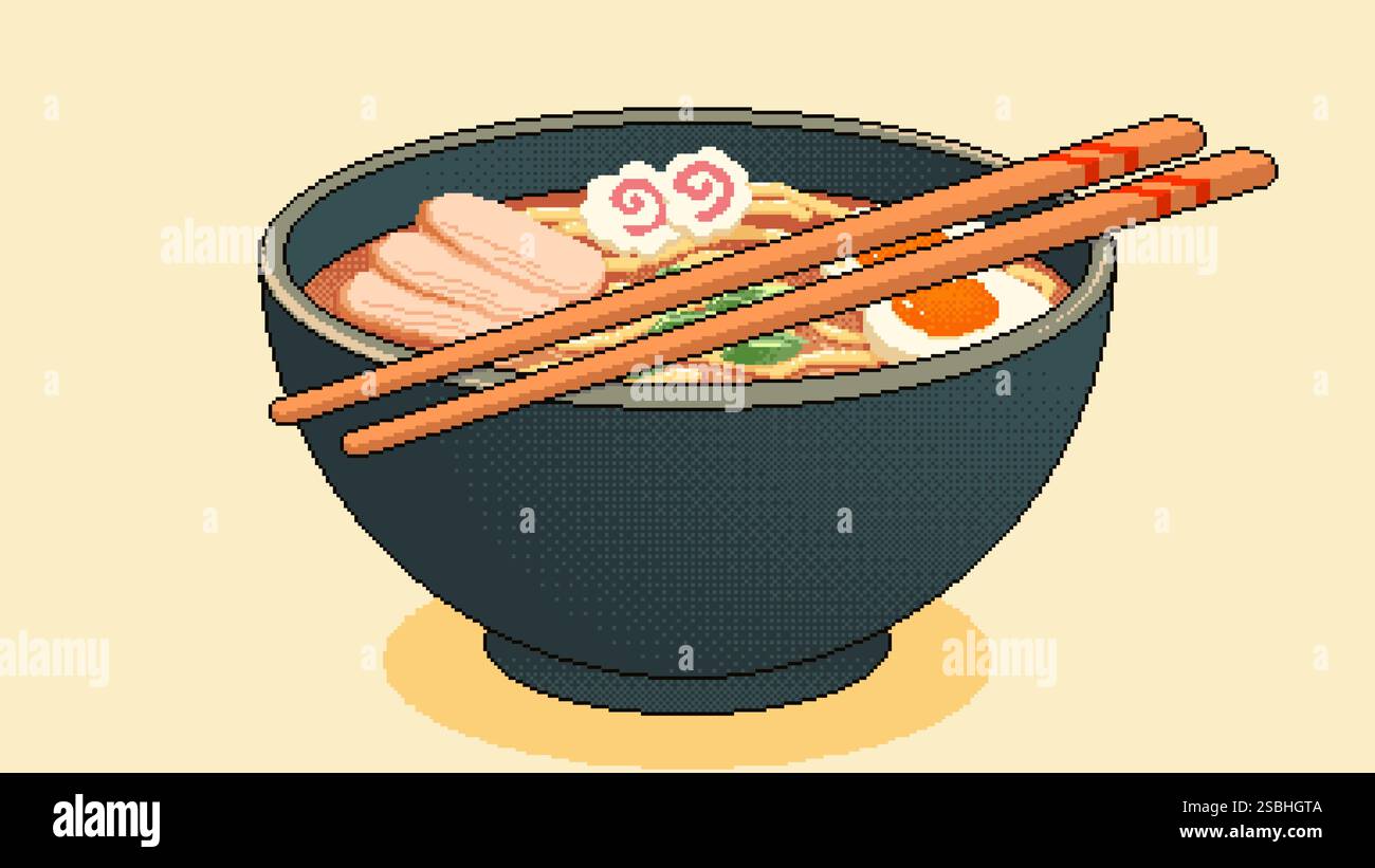 Pixel art japanese ramen soup with meat slice, egg, green onion, naruto ...