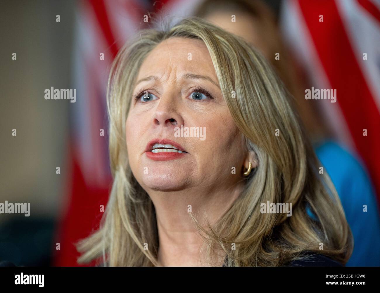 Oshawa, Can. 03rd Feb, 2025. Ontario NDP Leader Marit Stiles answers ...