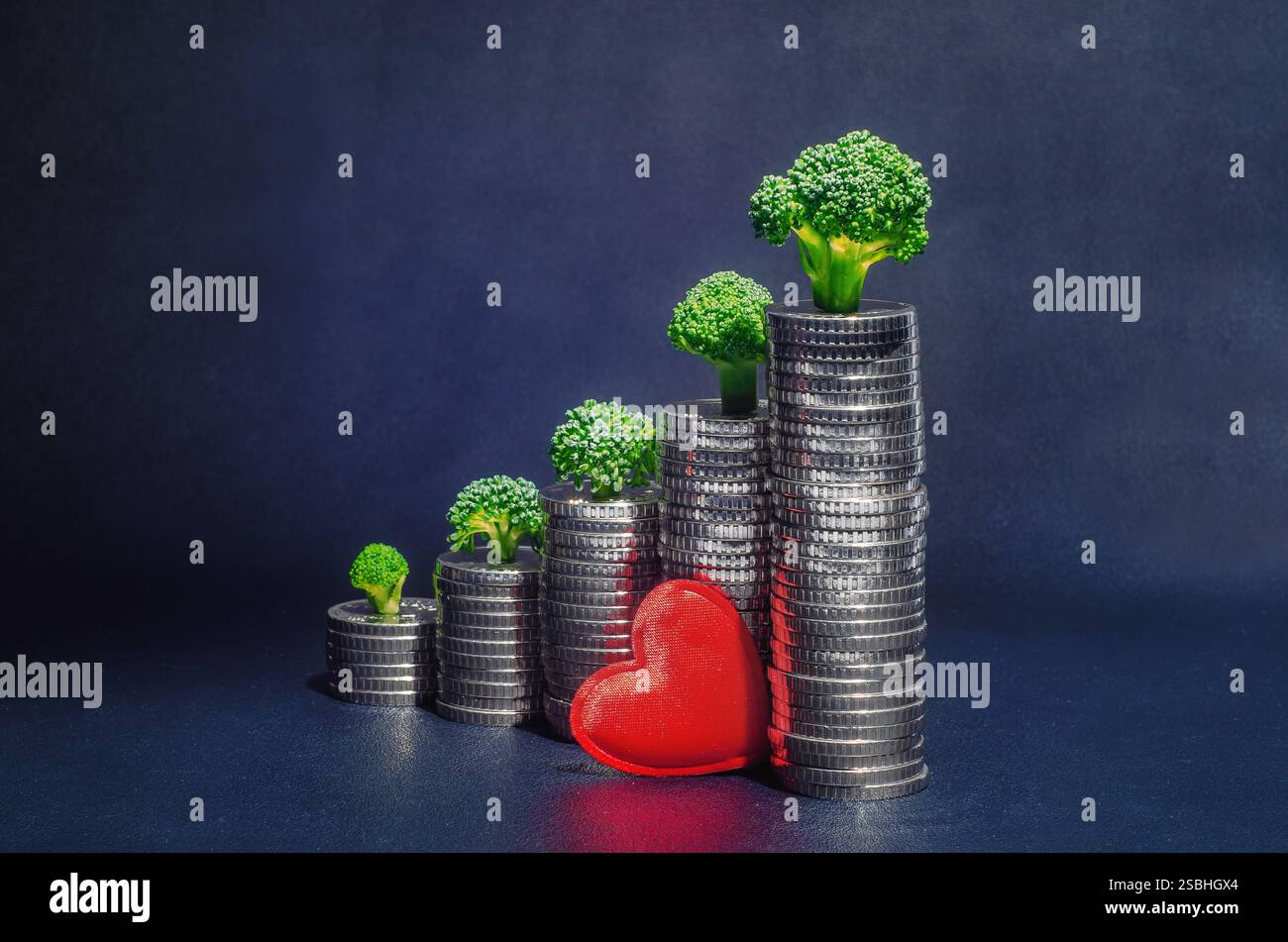 Red heart against of columns with silver coins on which green trees ...