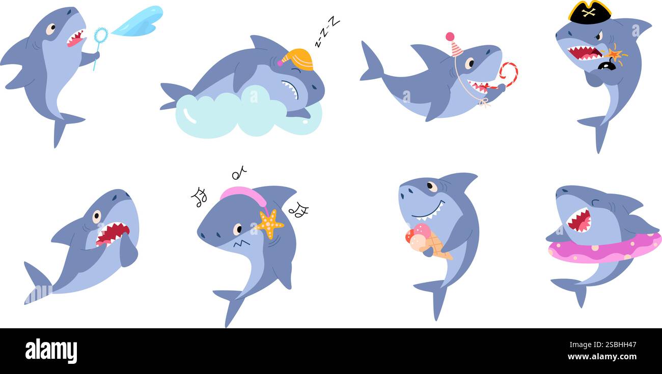 Cute shark. Cartoon sharks various emotions and activities. Isolated ...