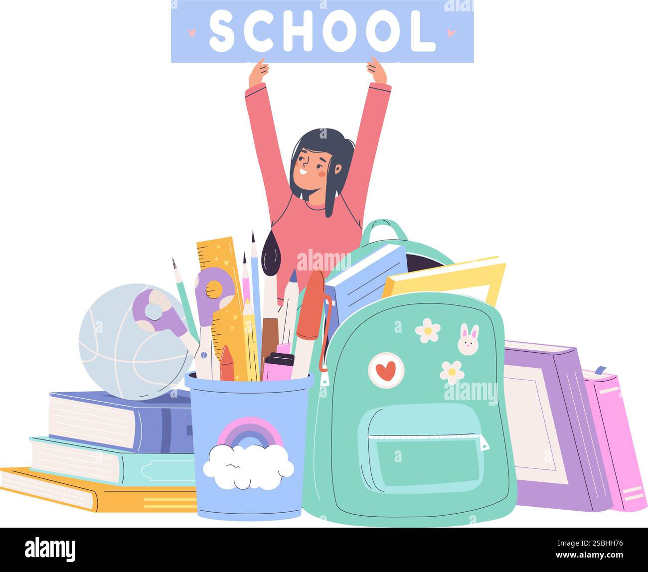 Back to school concept. Happy cute girl holding banner. Pupil backpack ...