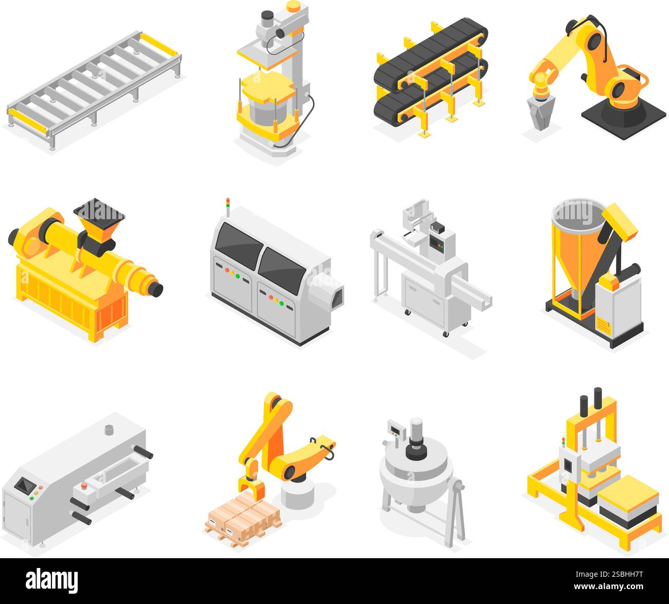Isometric industry robots. Robotics manipulators machines, heavy ...