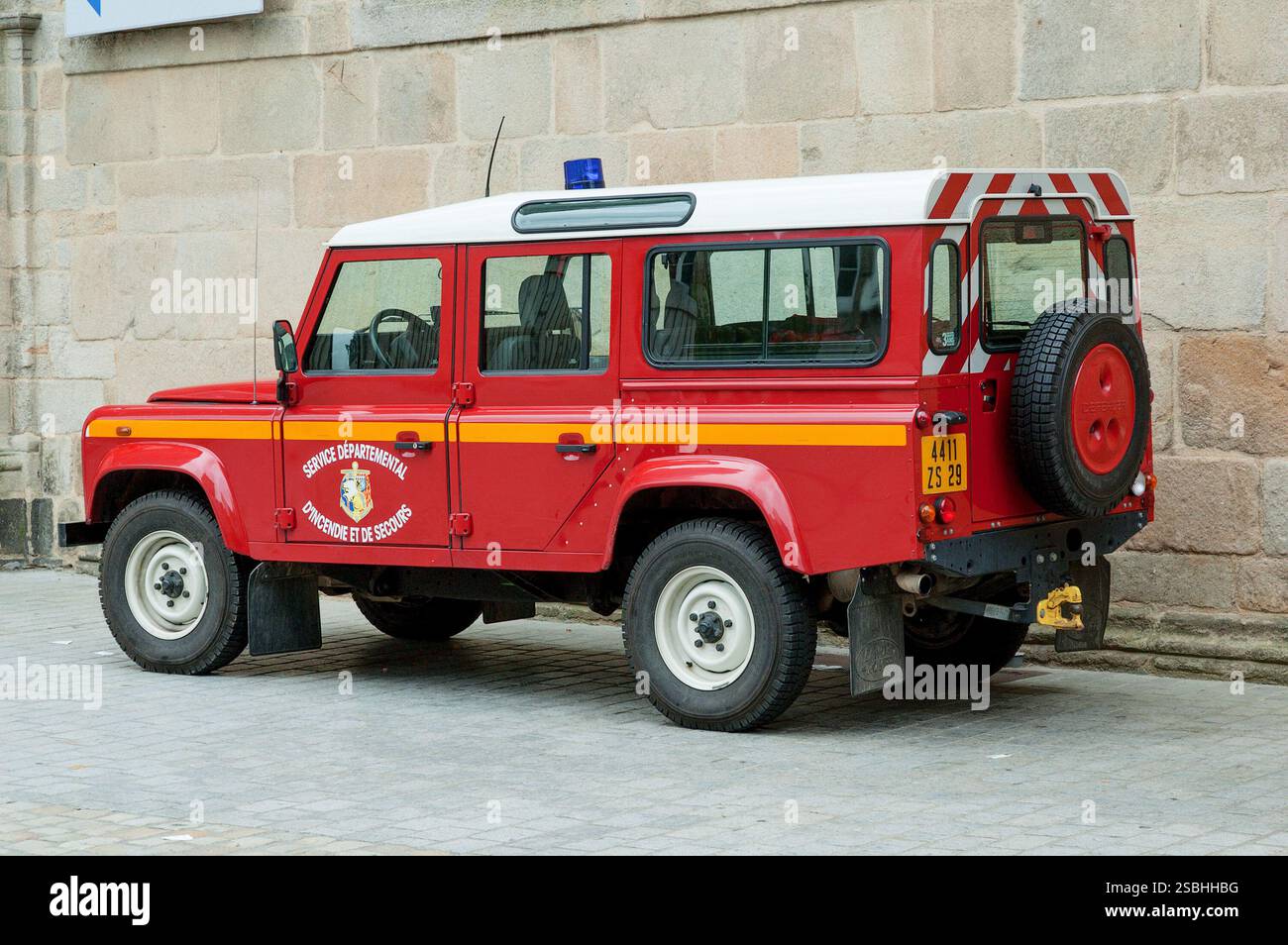 Red departmental fire and rescue service Land Rover Defender parked ...