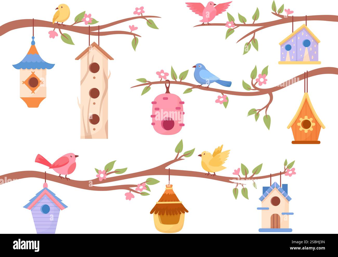 Cartoon birds and birdhouses. Cute spring tree branches with young ...