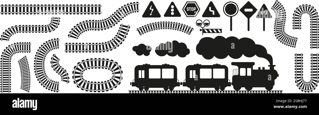 Black railway tracks and train. Isolated trains paths, flat ...