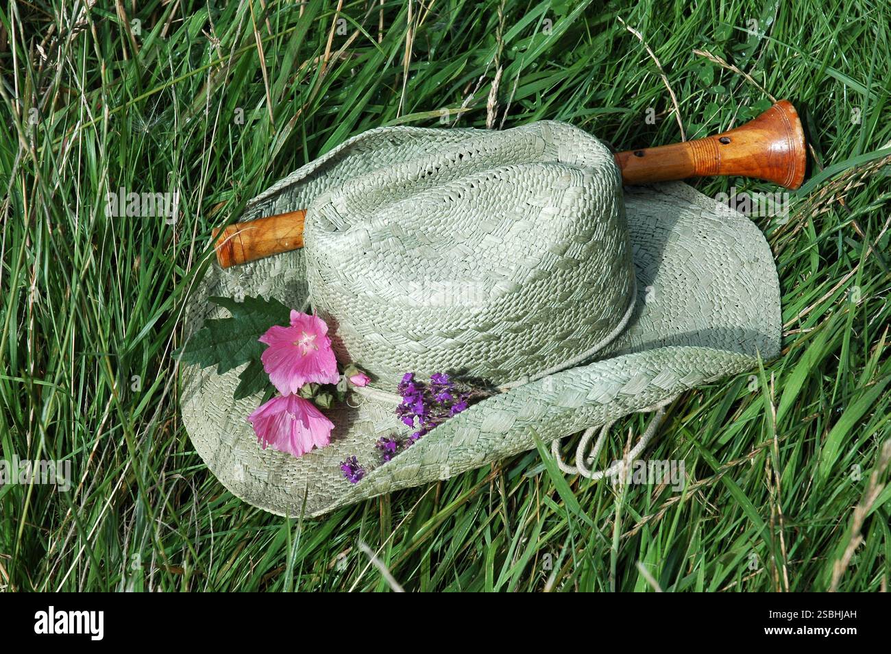 Sunhat and Wind instrument lying in grass Stock Photo - Alamy