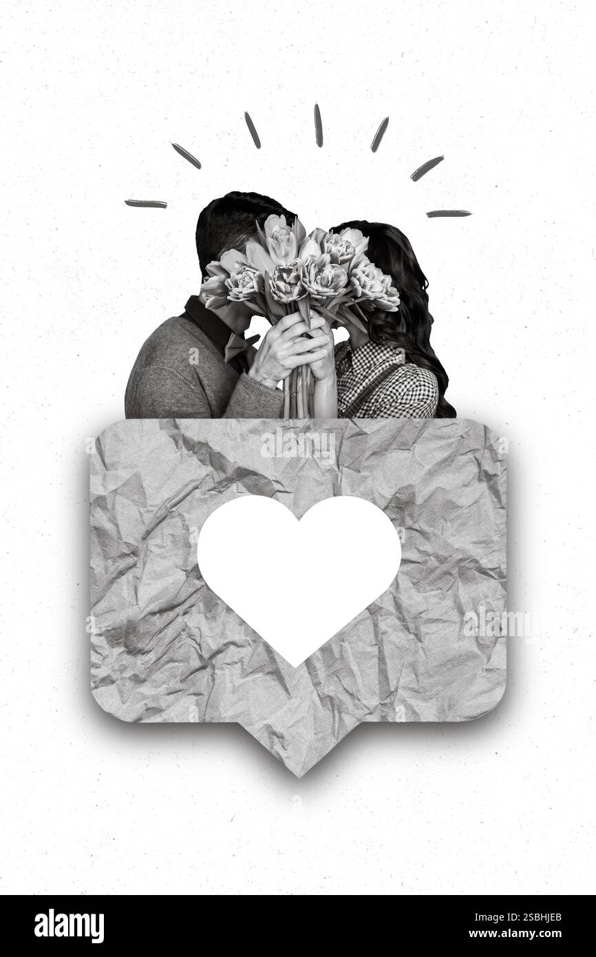 Creative photo collage of two lovely people couple kissing hiding fresh ...