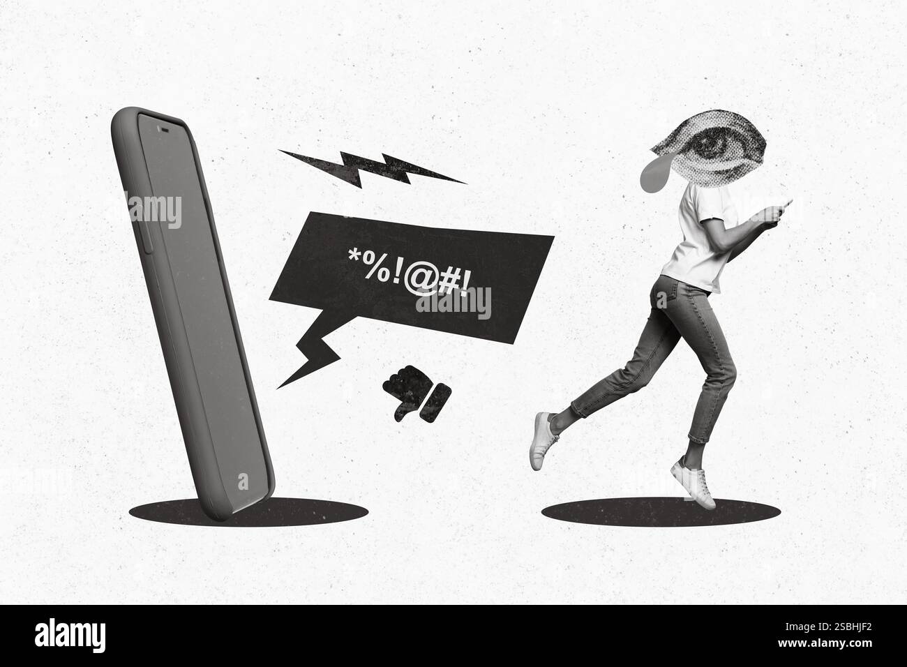 Collage photo of absurd headless woman blogger running away phone from ...