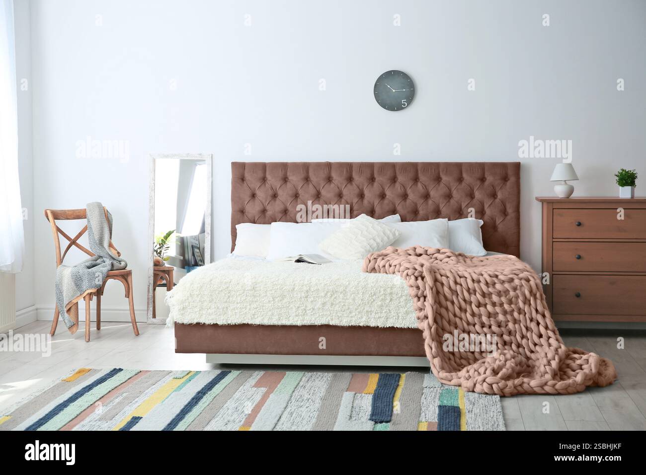 Cozy bedroom interior with mocha mousse shade. Trendy color of 2025 ...