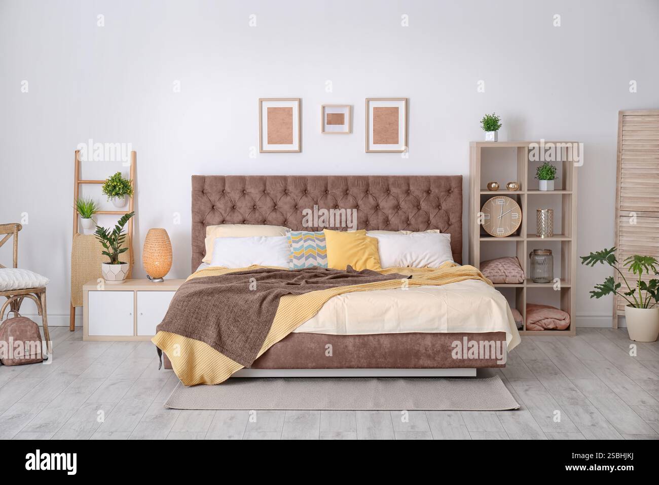 Cozy bedroom interior with mocha mousse shade. Trendy color of 2025 ...