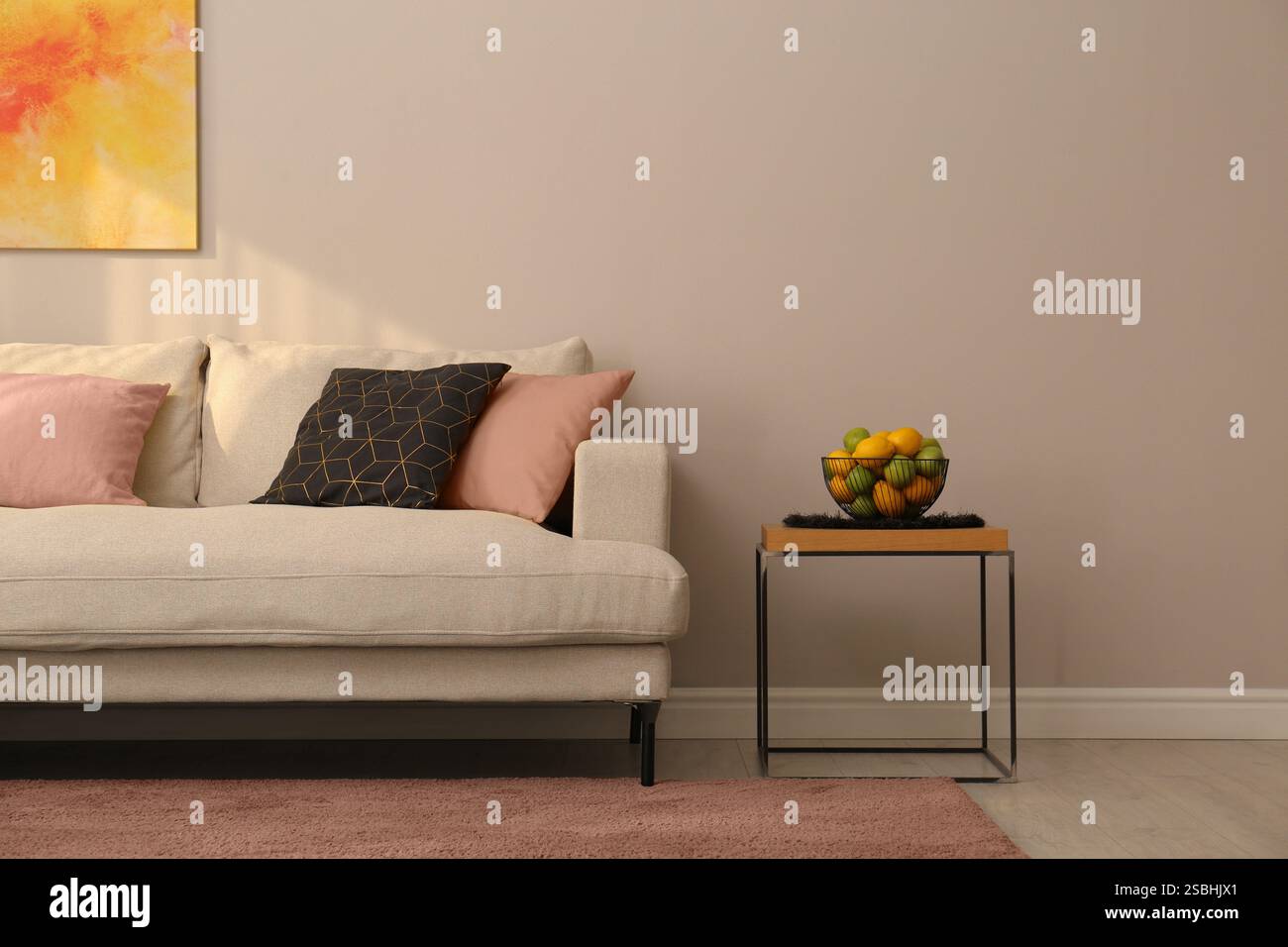 Cozy living room interior in mocha mousse shade. Trendy color of 2025 ...