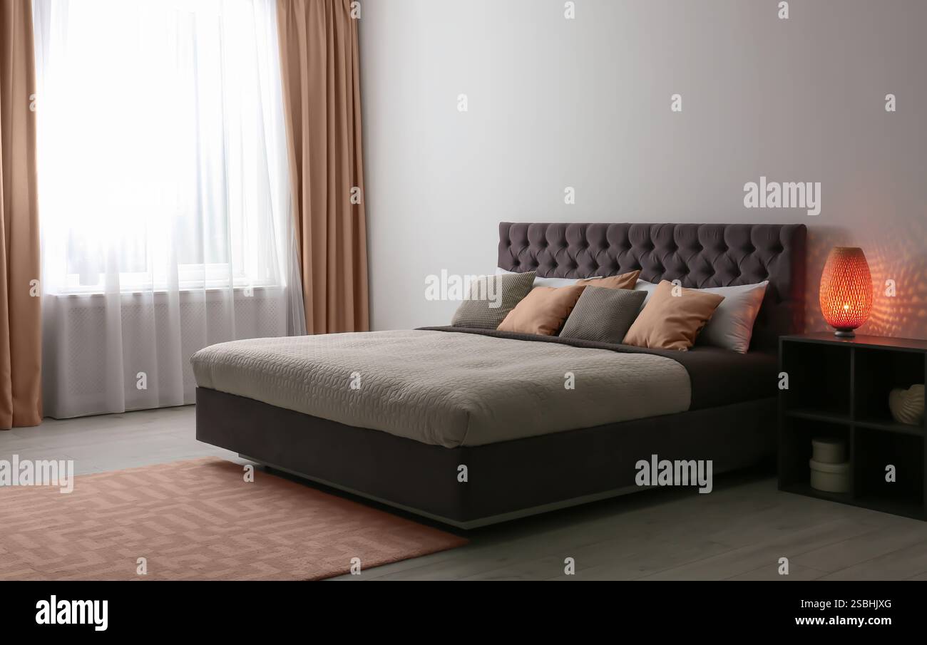 Cozy bedroom interior with mocha mousse shade. Trendy color of 2025 ...