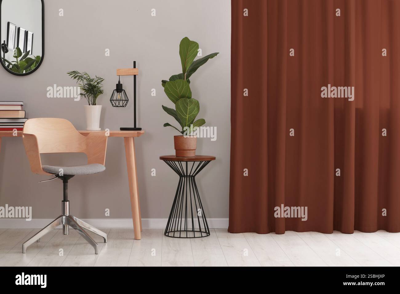 Cozy room interior with curtain in mocha mousse shade. Trendy color of ...