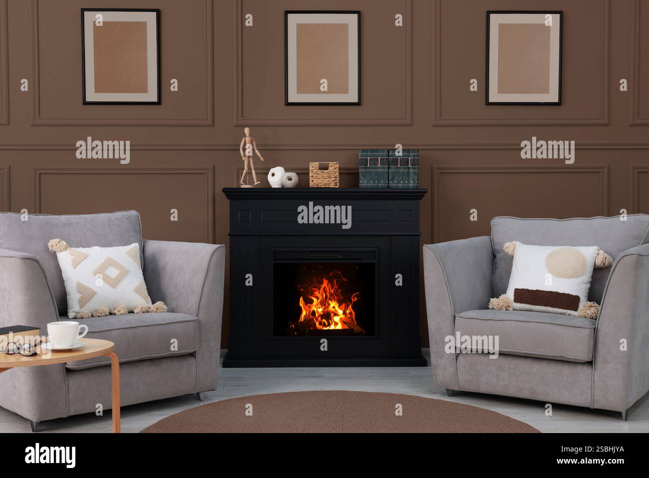 Cozy living room interior in mocha mousse shade. Trendy color of 2025 ...