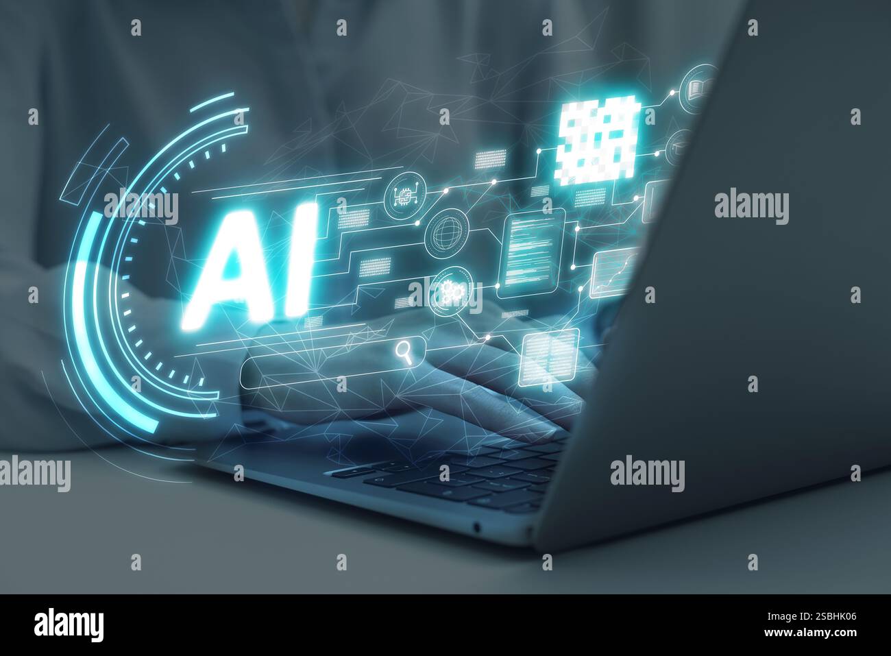 Artificial intelligence. Woman using laptop at table, closeup. Scheme ...