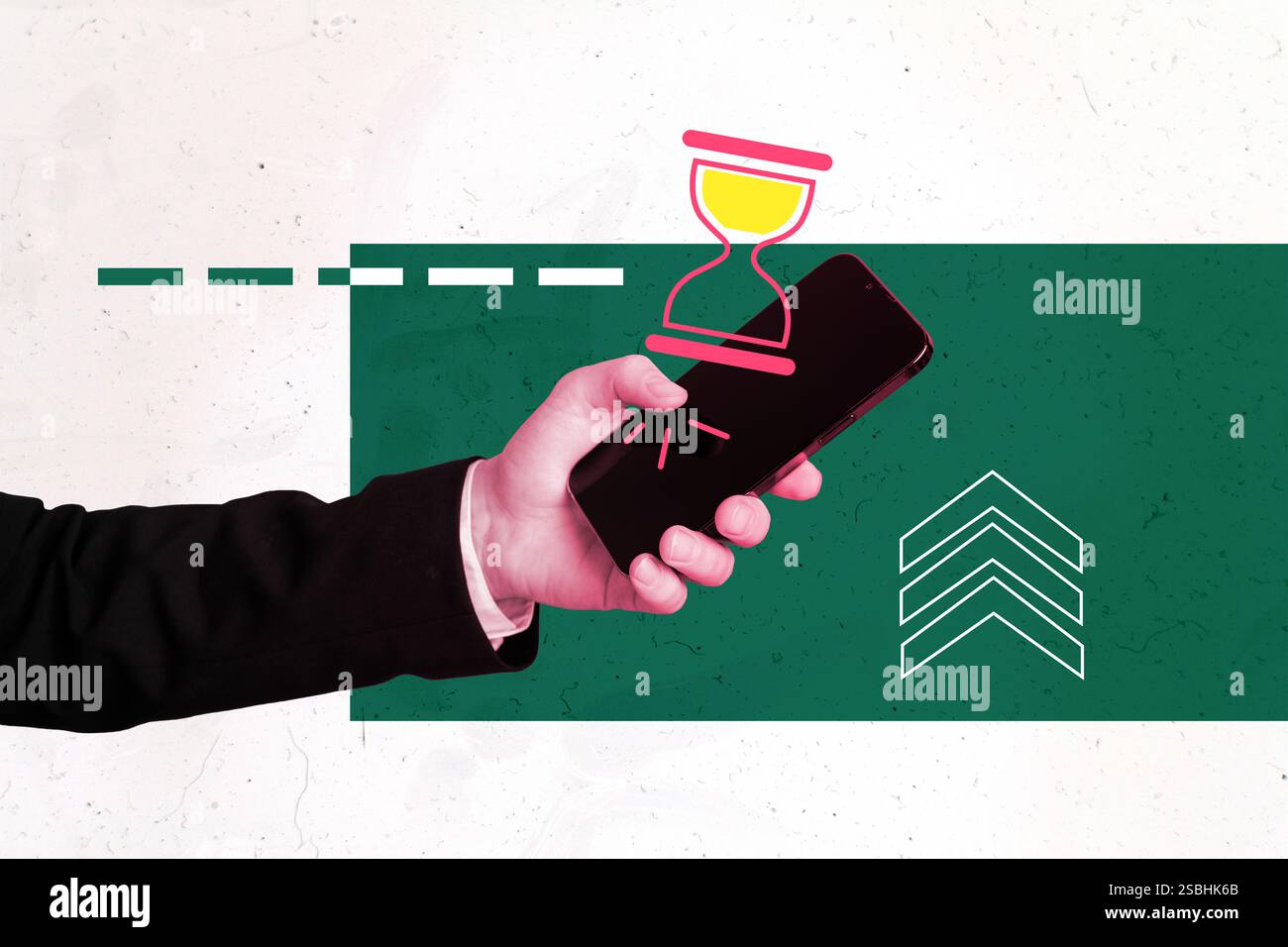 Art 3d sketch photo collage of businessman hand hold phone hourglass ...