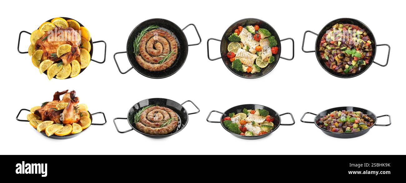 Different cooked dishes in baking pan isolated on white, set Stock ...