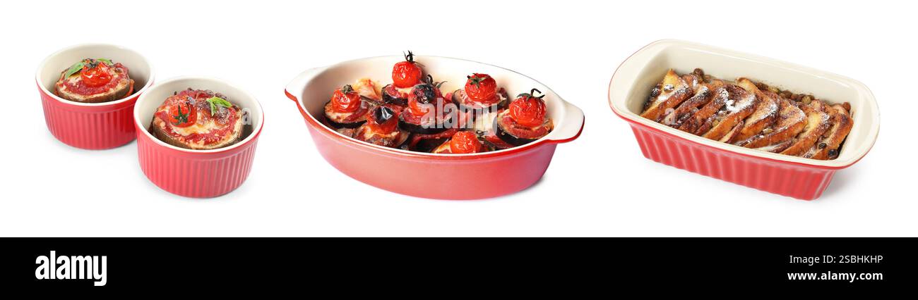 Set of cooked foods in baking dishes isolated on white Stock Photo - Alamy