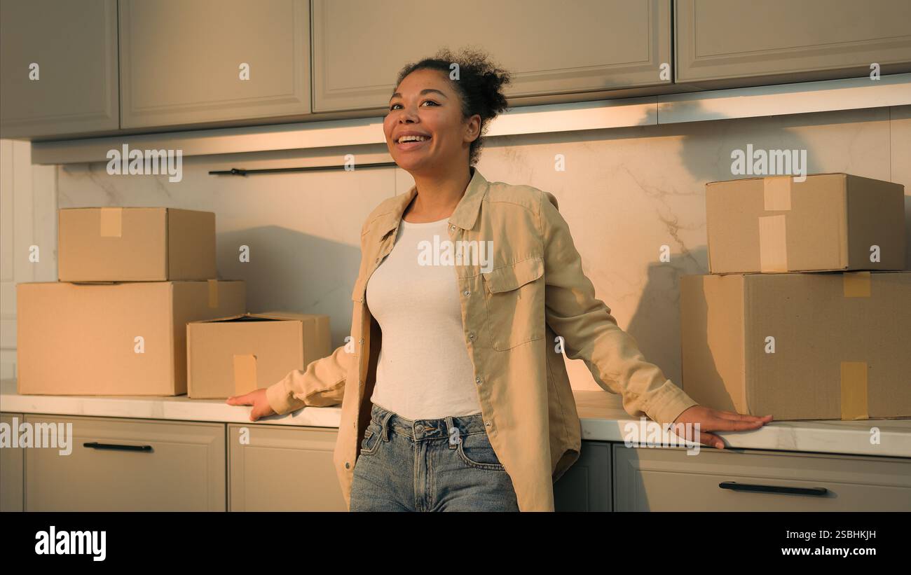 Happy smiling woman African American girl cheerful homeowner renter ...