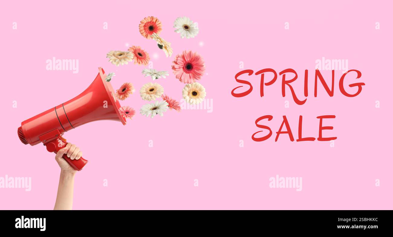 Spring Sale flyer design with gerbera flowers flying out of red ...