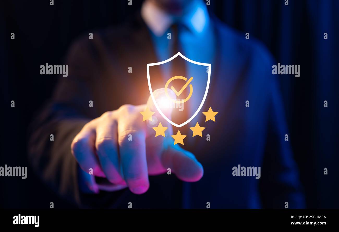 Businessman pointing at a holographic shield with a checkmark and five ...