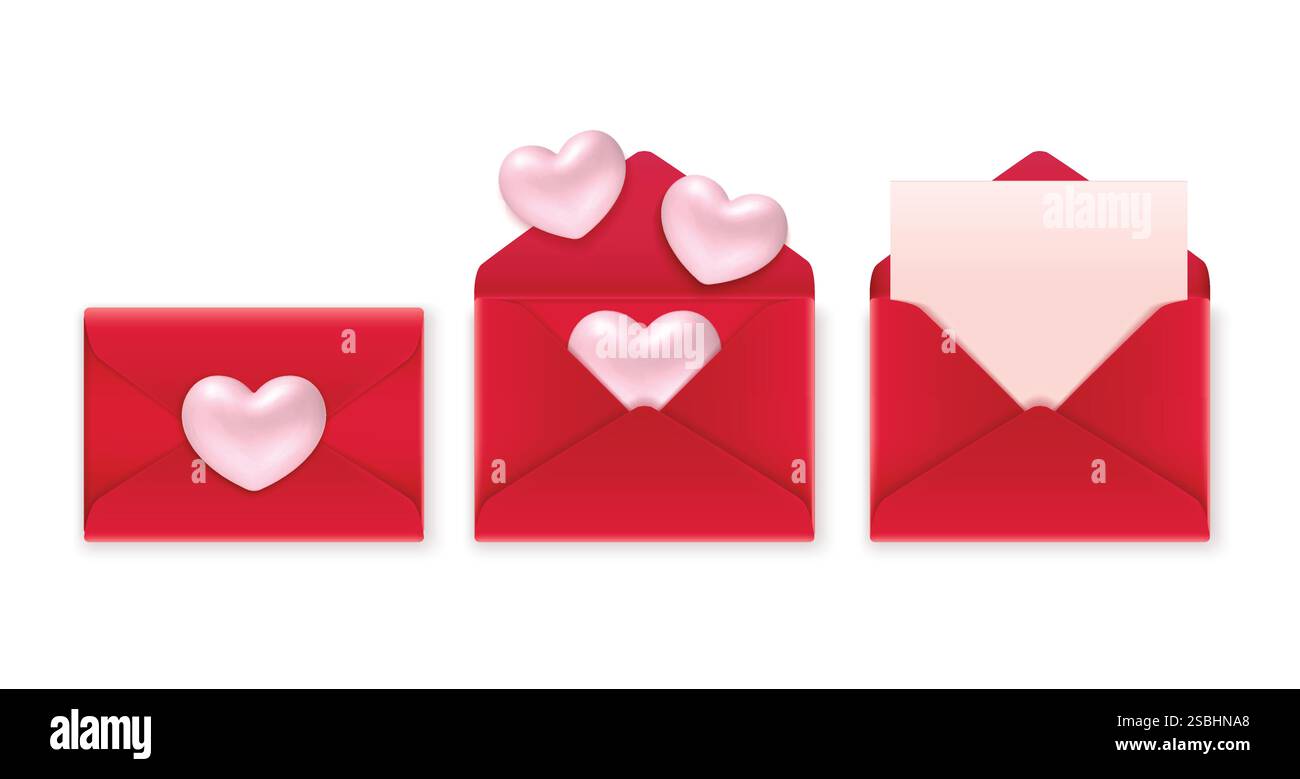 Vector set of red envelopes with 3D hearts Stock Vector Image & Art - Alamy