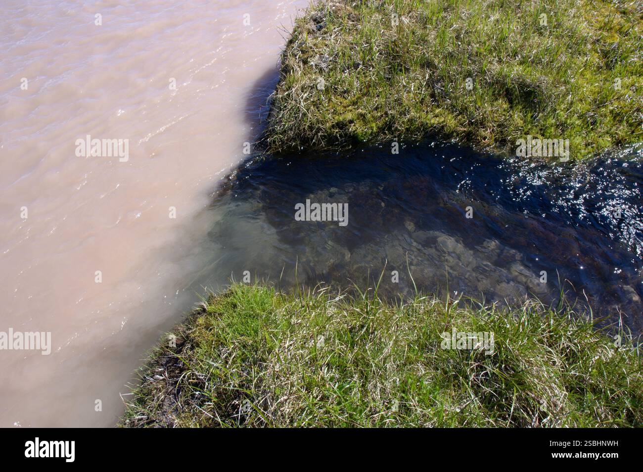 Clear spring water meets cloudy glacial water in the valley below ...