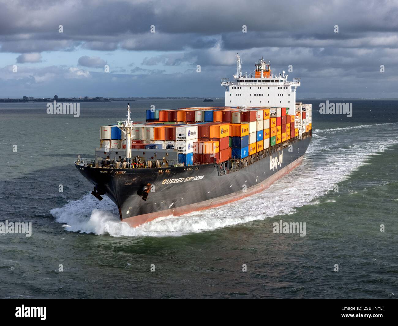 An aerial view of the container ship Quebec Express (Hapag-Lloyd) at ...