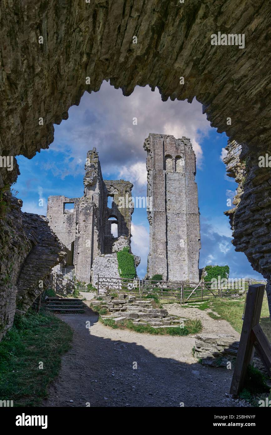 Medieval Corfe castle keep & battlements at sunrise, built in 1086 by ...