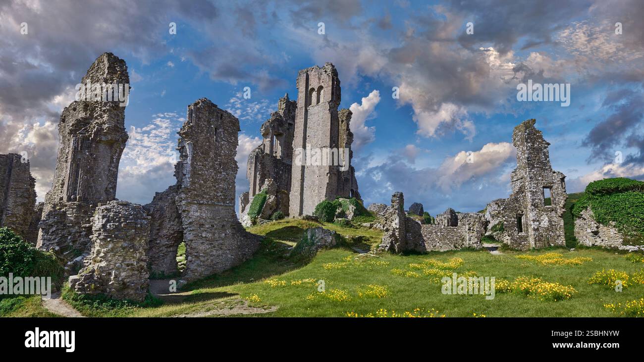 Medieval Corfe castle keep & battlements at sunrise, built in 1086 by ...