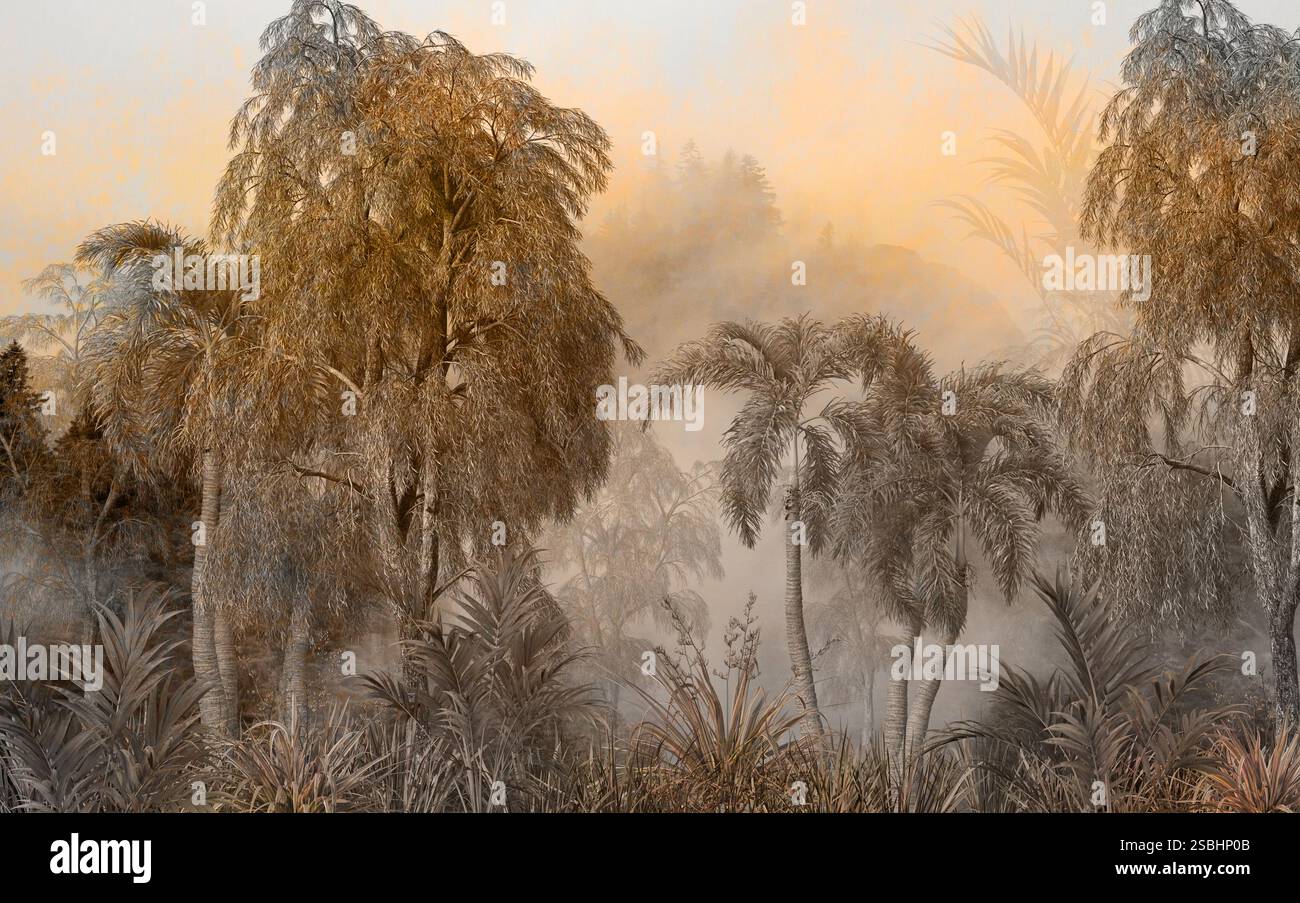 Tropical trees and leaves wallpaper design - Topical Mural - 3D ...