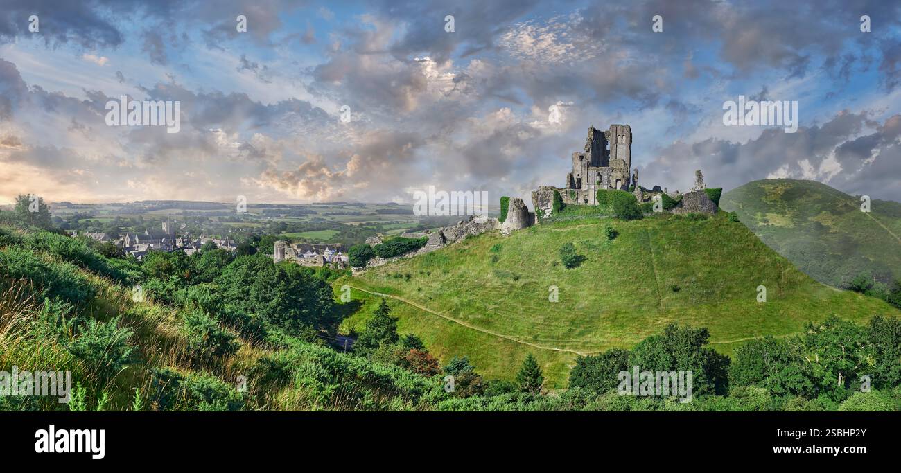 Medieval Corfe castle keep & battlements at sunrise, built in 1086 by ...