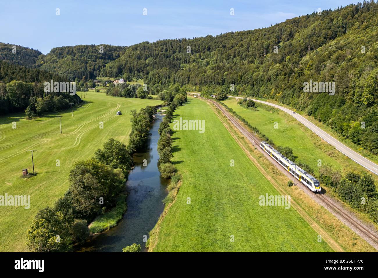 Sulz, Germany - August 23, 2024: Aerial view of regional train of ...