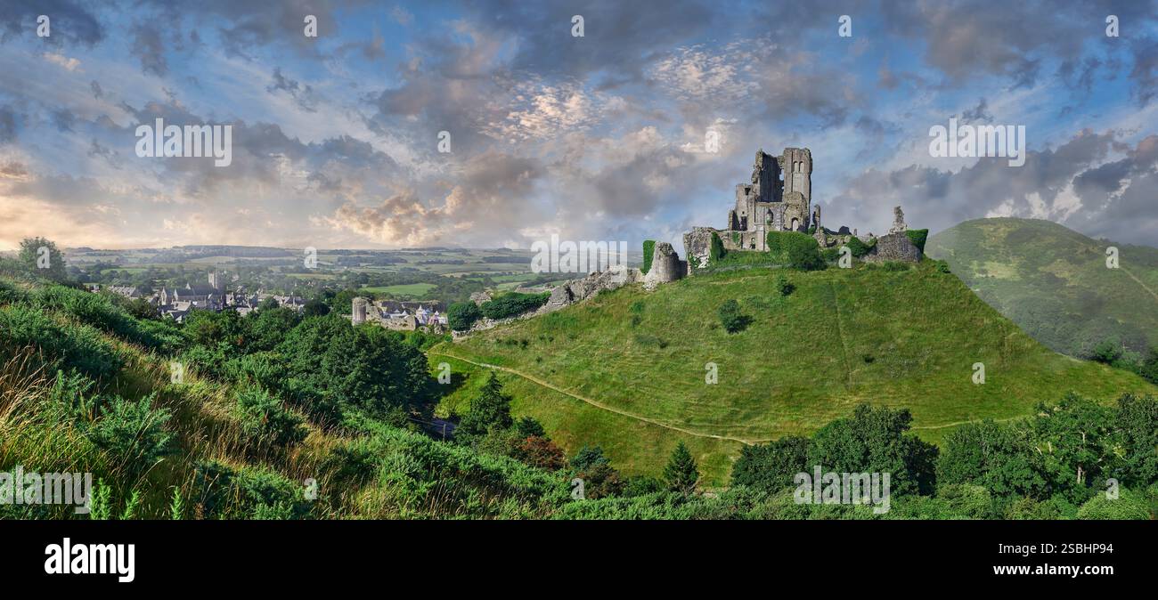 Medieval Corfe castle keep & battlements at sunrise, built in 1086 by ...